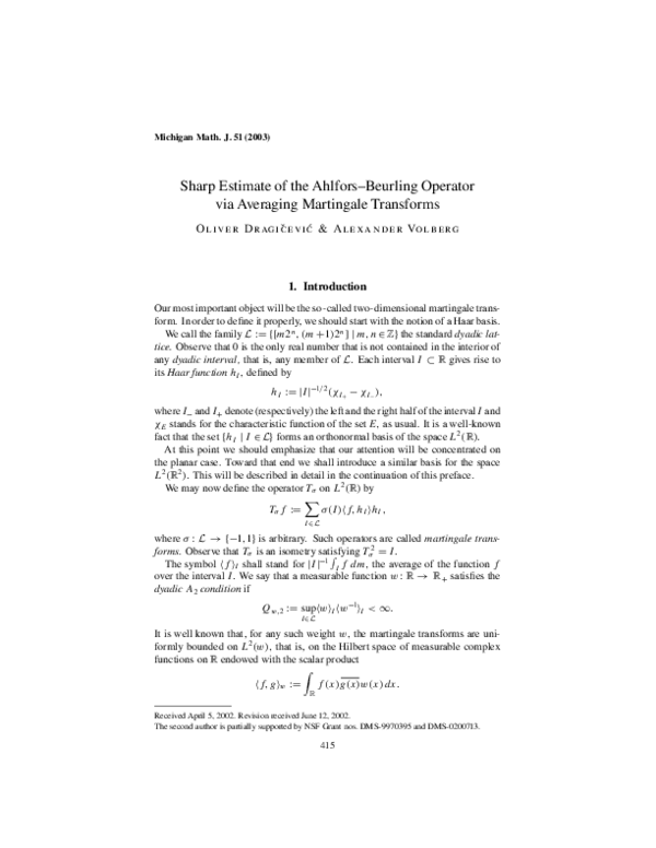 (PDF) Sharp estimate of the Ahlfors-Beurling operator via averaging martingale transforms