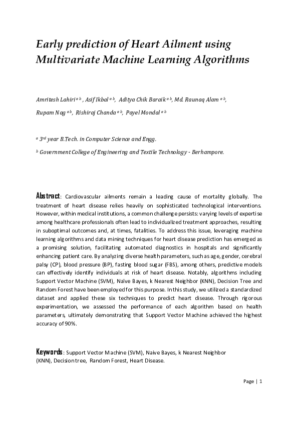 (PDF) Early prediction of Heart Ailment using Multivariate Machine Learning Algorithms