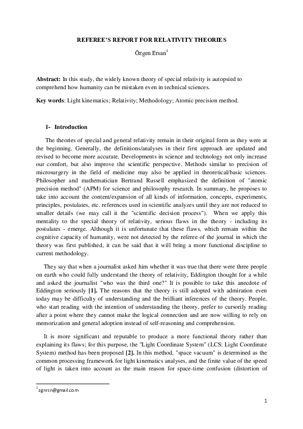 (PDF) REFEREE'S REPORT FOR RELATIVITY THEORIES
