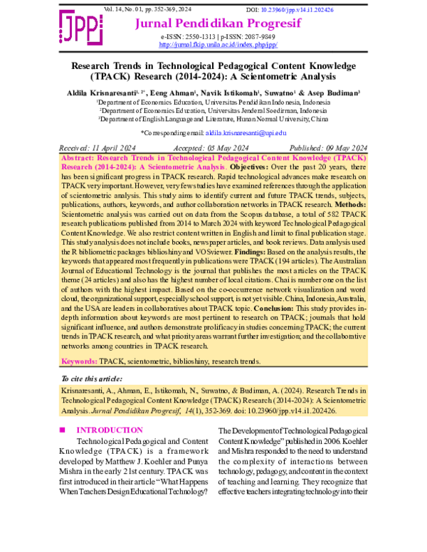 (PDF) Research Trends in Technological Pedagogical Content Knowledge (TPACK) Research (2014-2024 ...