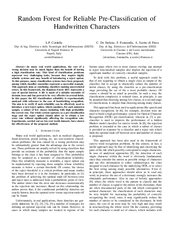 (PDF) Random Forest for Reliable Pre-classification of Handwritten ...