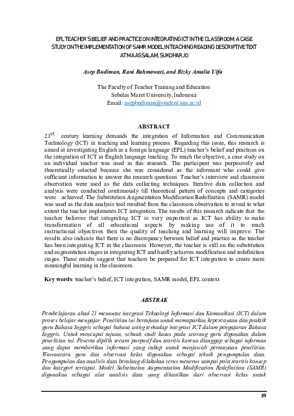 (PDF) EFL TEACHER'S BELIEF AND PRACTICE ON INTEGRATING ICT IN THE CLASSROOM: A CASE STUDY ON THE ...
