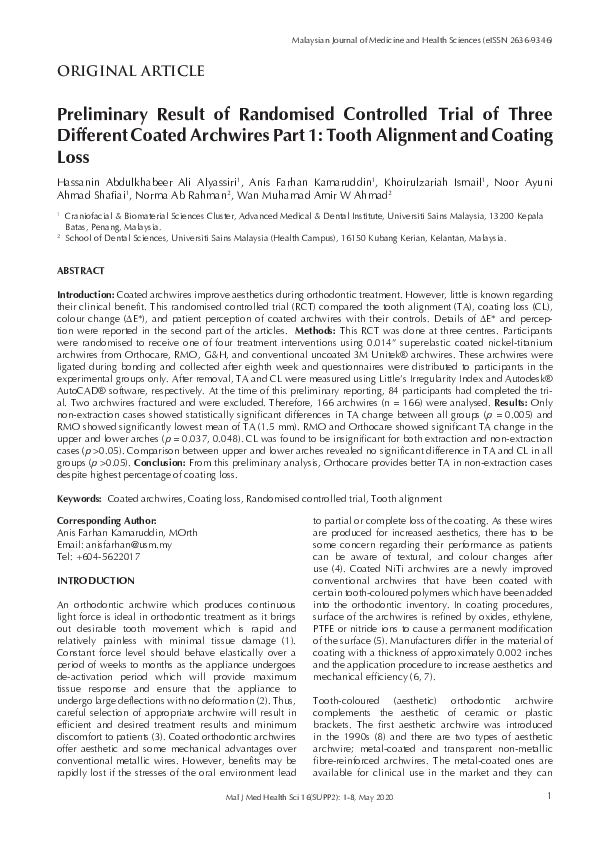 (PDF) Preliminary result of randomised controlled trial of three different coated archwires part ...