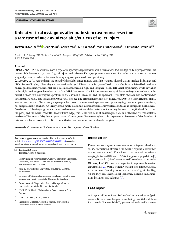 (PDF) Upbeat vertical nystagmus after brain stem cavernoma resection: a ...