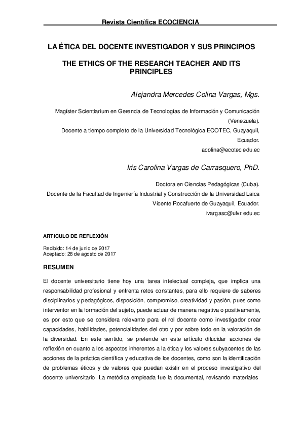 (PDF) LA ÉTICA DEL DOCENTE INVESTIGADOR Y SUS PRINCIPIOS
