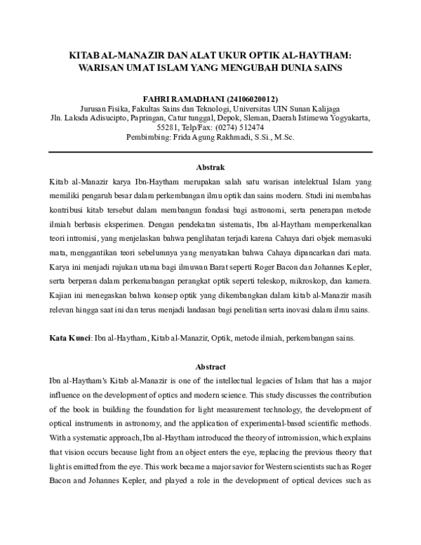 (PDF) KITAB AL-MANAZIR DAN ALAT UKUR OPTIK AL-HAYTHAM: WARISAN UMAT ...