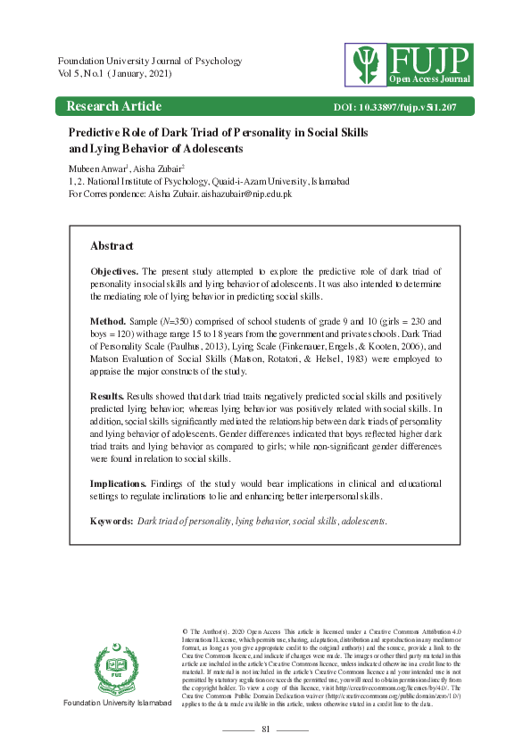 (PDF) Predictive Role of Dark Triad of Personality in Social Skills and Lying Behavior of ...