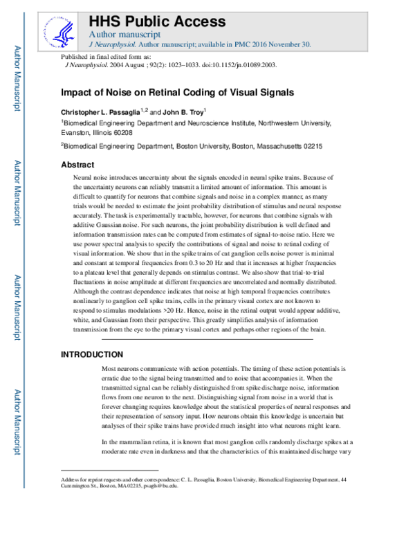 (PDF) Impact of Noise on Retinal Coding of Visual Signals