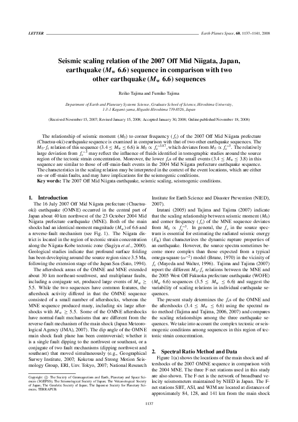 Pdf Seismic Scaling Relation Of The 2007 Off Mid Niigata Japan Earthquake Mw 6 6 Sequence