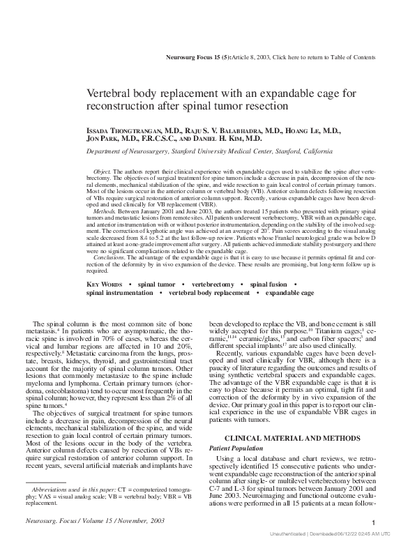 (PDF) Vertebral body replacement with an expandable cage for ...