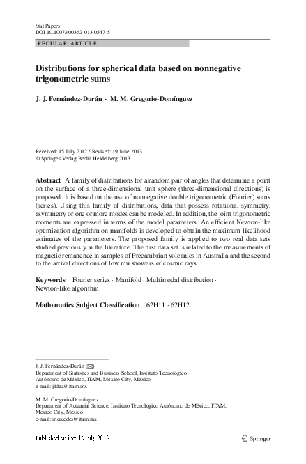 (PDF) Distributions for spherical data based on nonnegative ...
