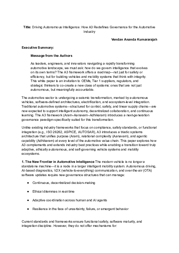 (PDF) Driving Autonomous Intelligence: How A3 Redefines Governance for ...