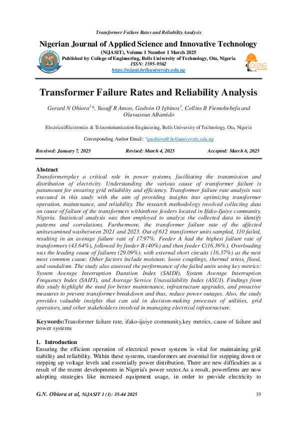 (PDF) Transformer Failure Rates and Reliability Analysis