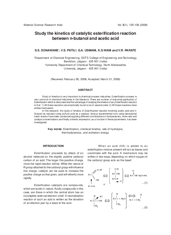 (PDF) Study the Kinetics of Catalytic Esterification Reaction Between N-Butanol and Acetic Acid