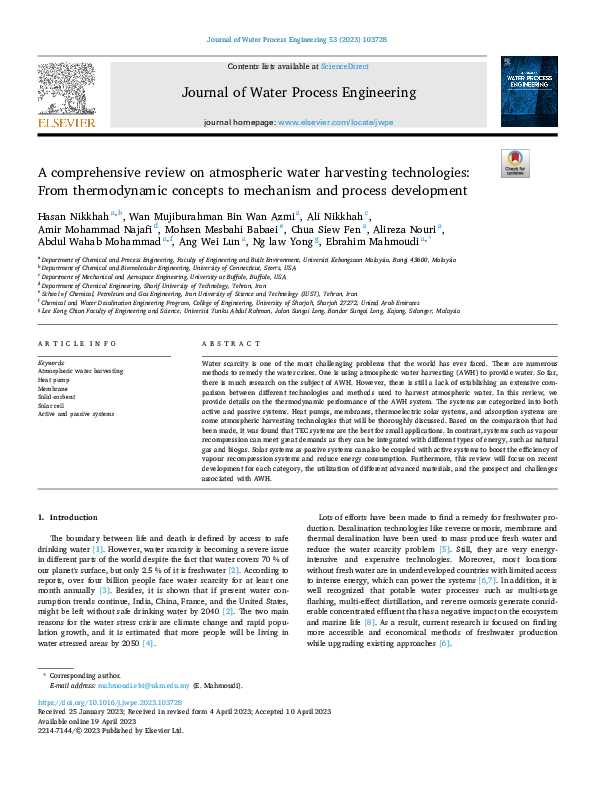 (PDF) A comprehensive review on atmospheric water harvesting technologies From thermodynamic ...