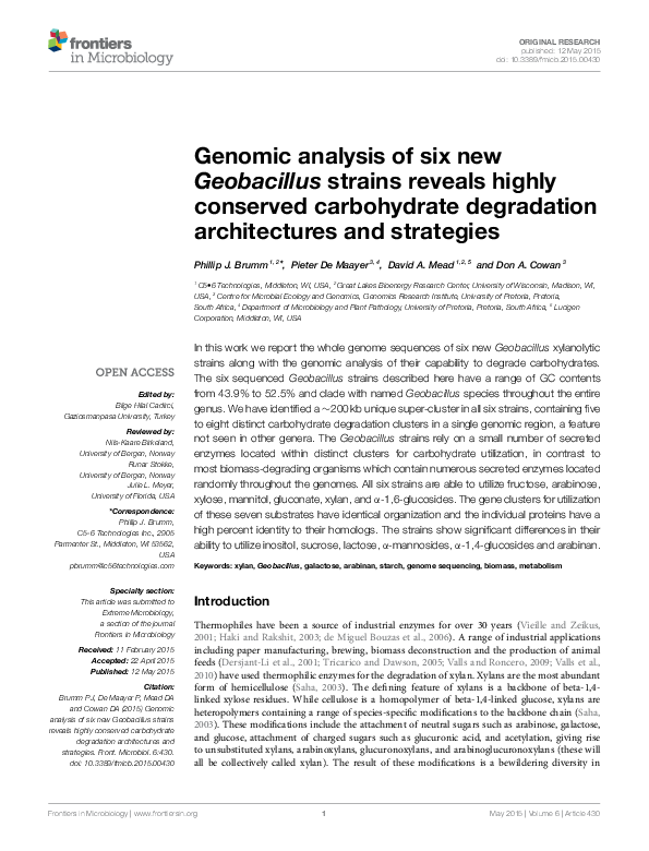 (PDF) Genomic analysis of six new Geobacillus strains reveals highly ...