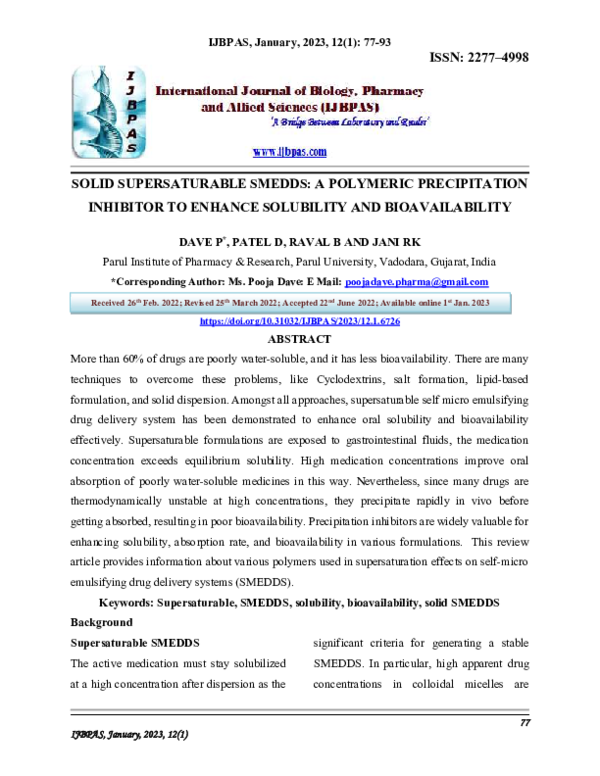 (PDF) SOLID SUPERSATURABLE SMEDDS: A POLYMERIC PRECIPITATION INHIBITOR ...