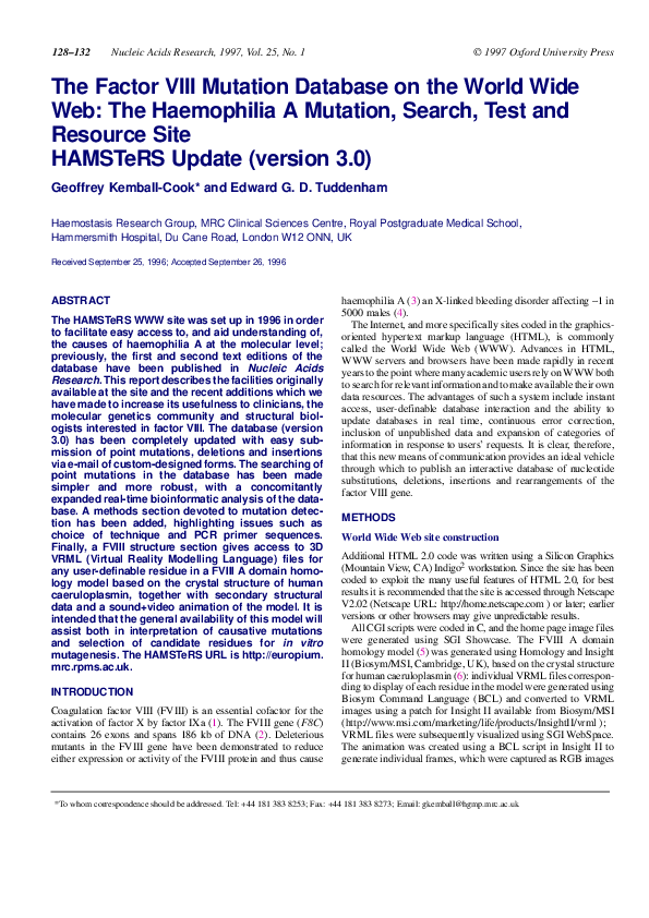 (PDF) The Factor VIII Mutation Database on the World Wide Web: The ...