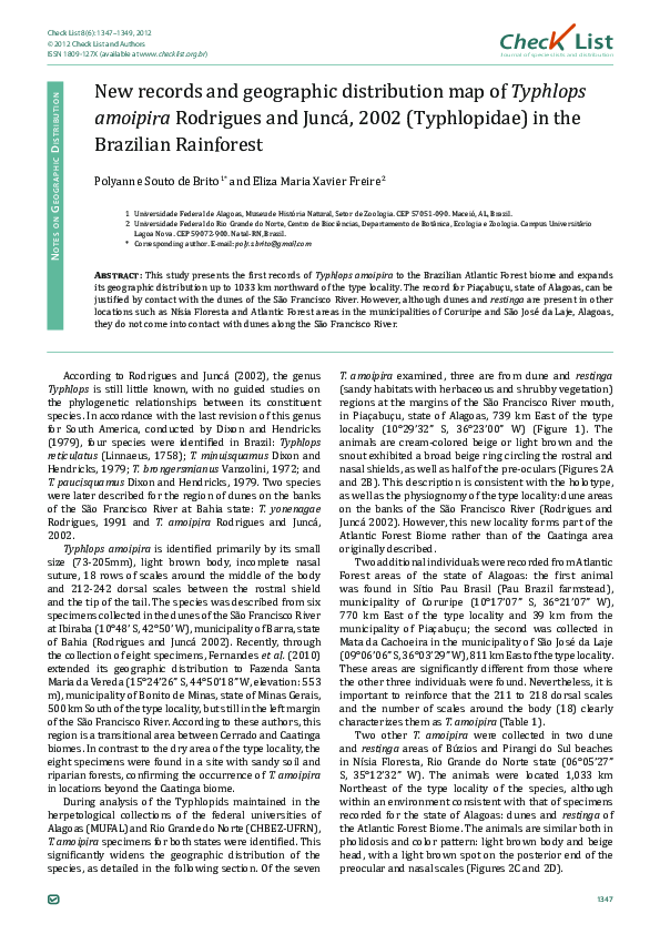 (PDF) New records and geographic distribution map of Typhlops amoipira ...