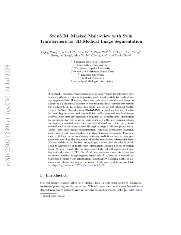 (PDF) SwinMM: Masked Multi-view with Swin Transformers for 3D Medical Image Segmentation