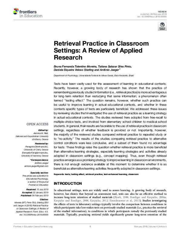 (PDF) Retrieval Practice in Classroom Settings: A Review of Applied Research