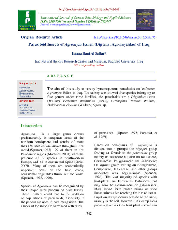 (PDF) Parasitoid Insects of Agromyza Fallen (Diptera :Agromyzidae) of Iraq