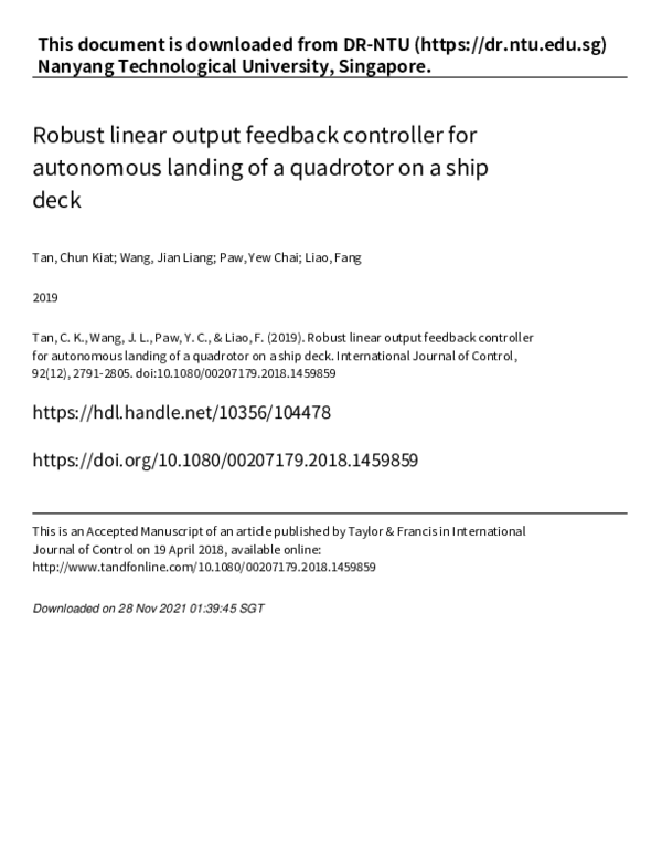(PDF) Robust linear output feedback controller for autonomous landing of a quadrotor on a ship deck