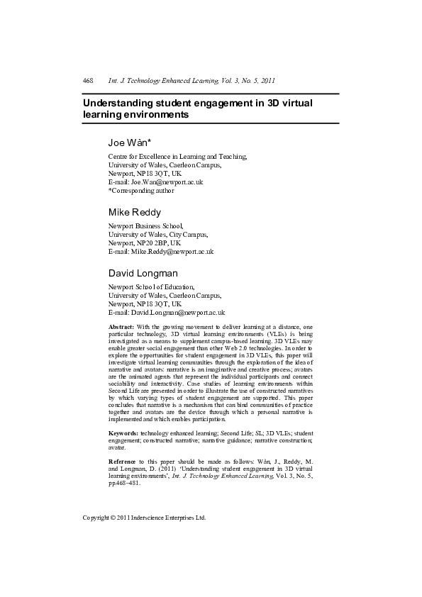 (PDF) Understanding student engagement in 3D virtual learning environments