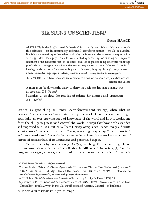 (PDF) Six Signs of Scientism