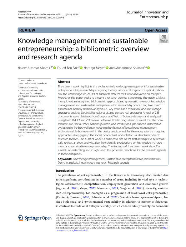 (PDF) Knowledge management and sustainable entrepreneurship: a bibliometric overview and ...