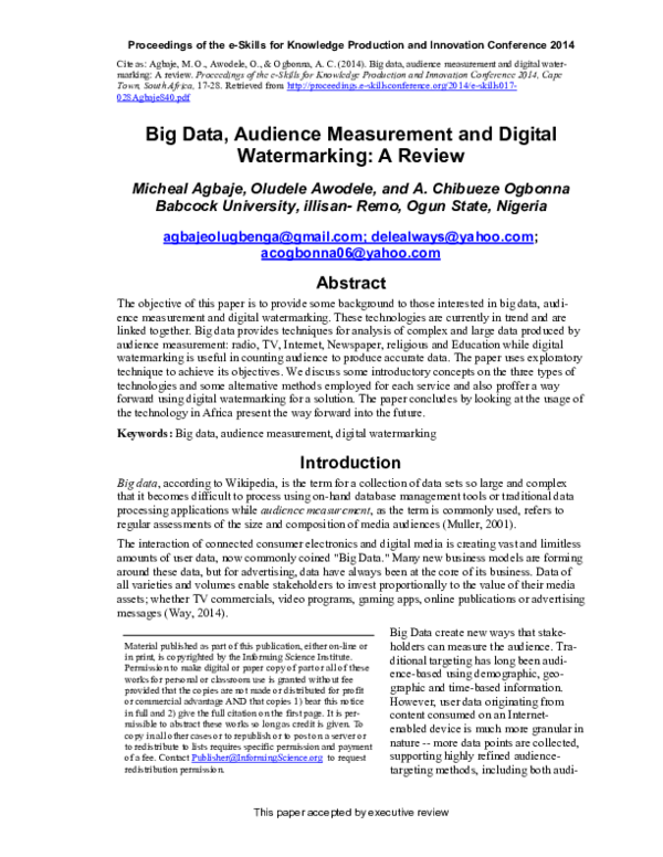 (PDF) Big Data, Audience Measurement and Digital Watermarking: A Review