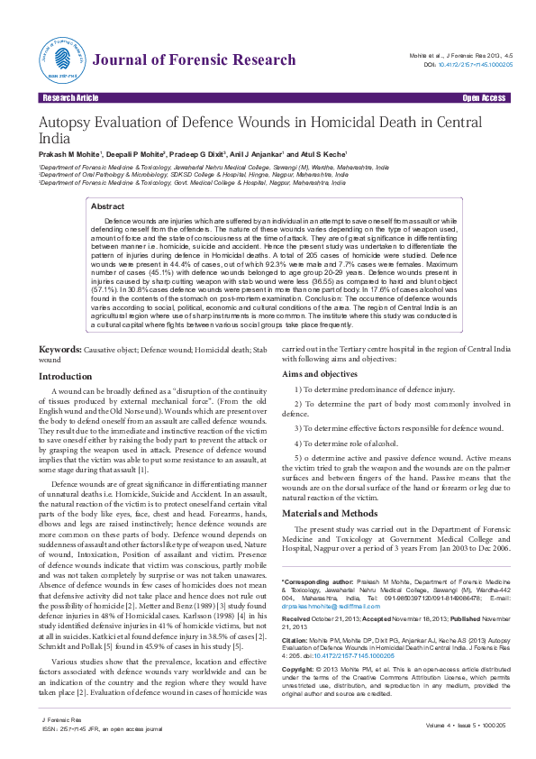 (PDF) Autopsy Evaluation of Defence Wounds in Homicidal Death in ...