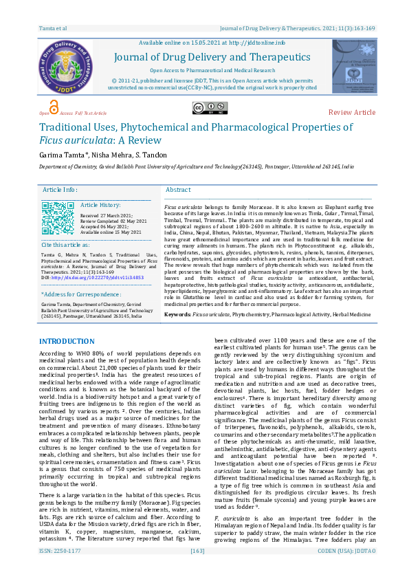 (PDF) Traditional Uses, Phytochemical and Pharmacological Properties of Ficus auriculata: A Review