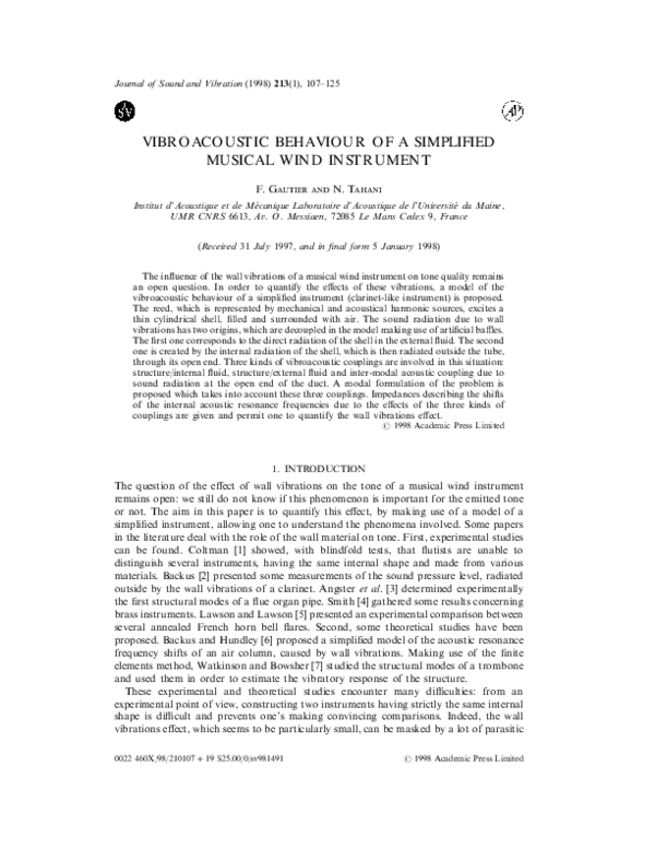 (PDF) Vibroacoustic Behaviour of a Simplified Musical Wind Instrument