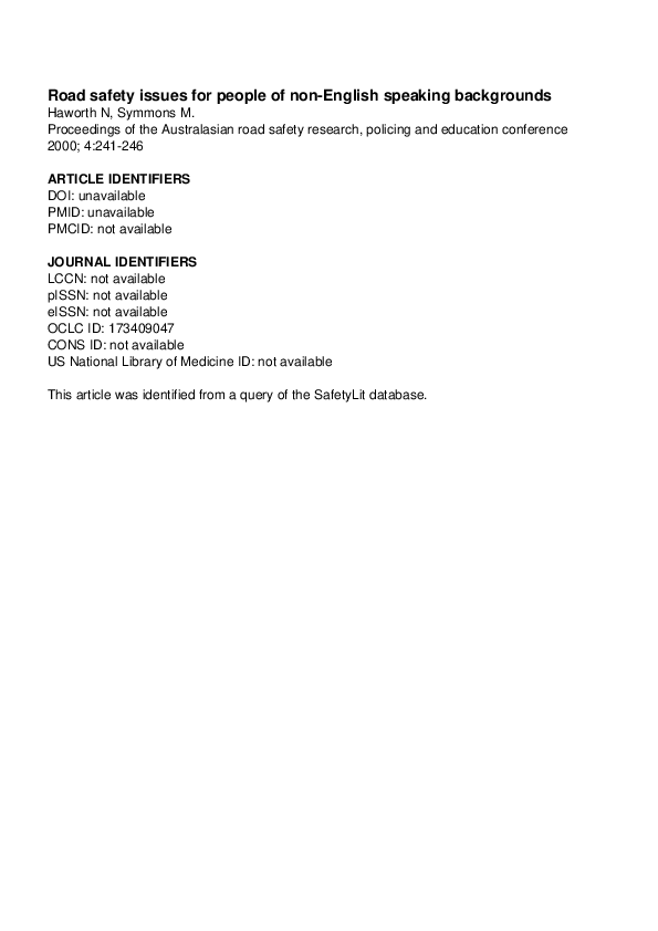(PDF) Road Safety Issues for People of Non-English Speaking Backgrounds