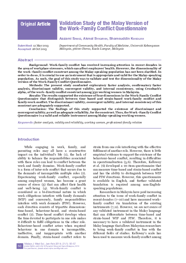 (PDF) Validation study of the malay version of the work-family conflict ...