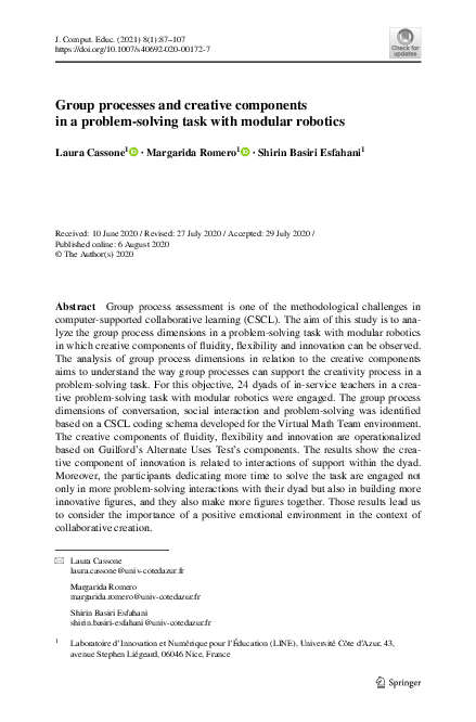 (PDF) Group processes and creative components in a problem-solving task with modular robotics
