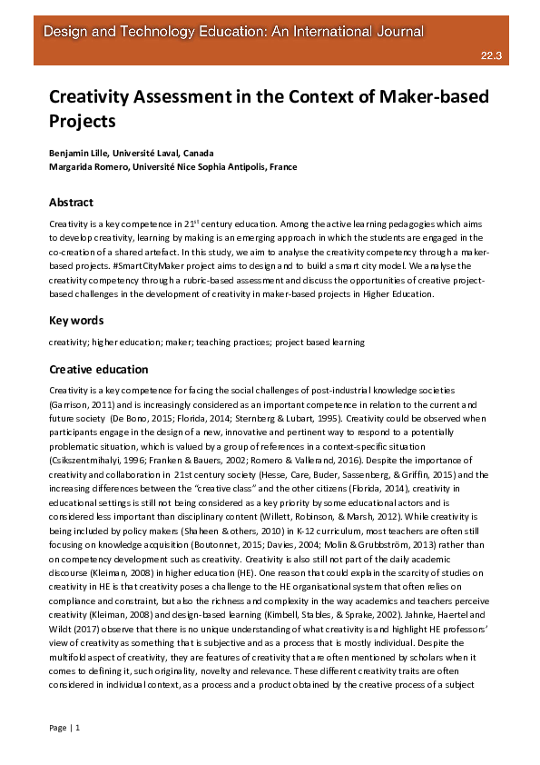 (PDF) Creativity Assessment in the Context of Maker-Based Projects