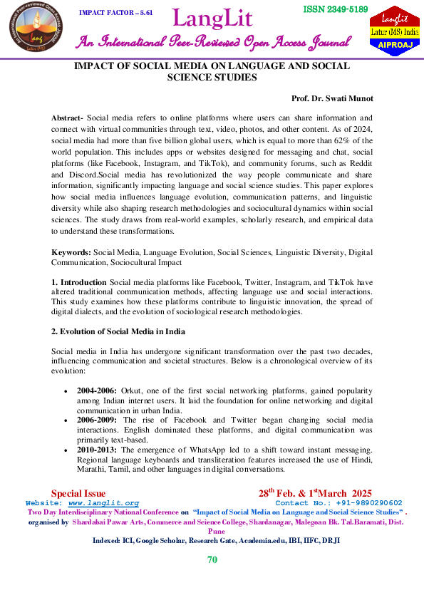 (PDF) IMPACT OF SOCIAL MEDIA ON LANGUAGE AND SOCIAL SCIENCE STUDIES