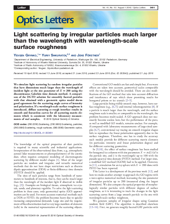 (PDF) Light scattering by irregular particles much larger than the ...