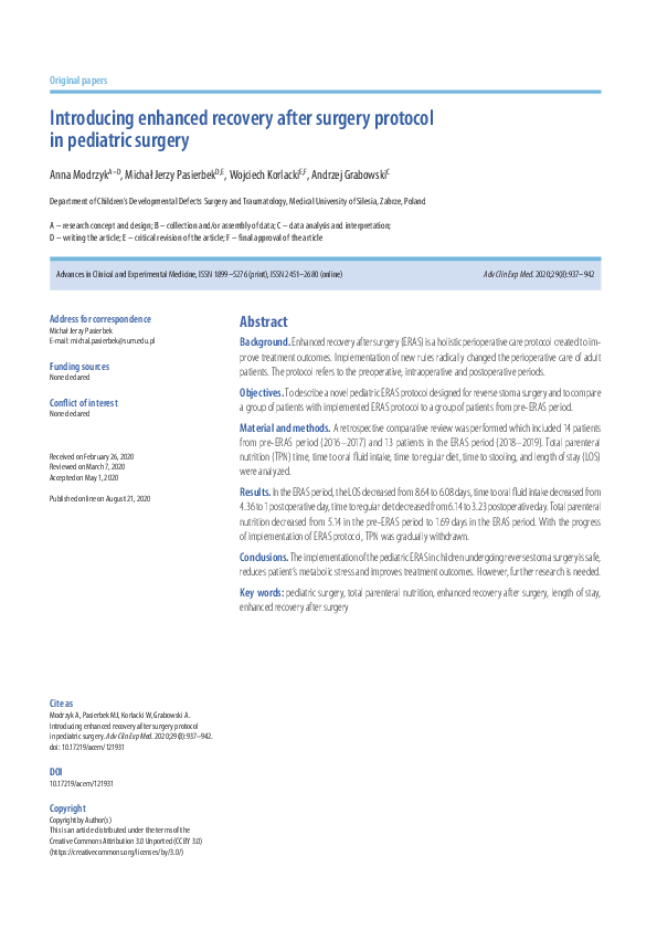 (PDF) Introducing enhanced recovery after surgery protocol in pediatric ...