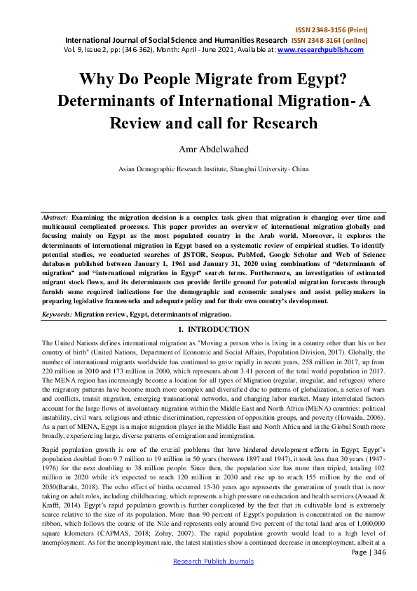 (PDF) Why Do People Migrate from Egypt? Determinants of International Migration- A Review and ...
