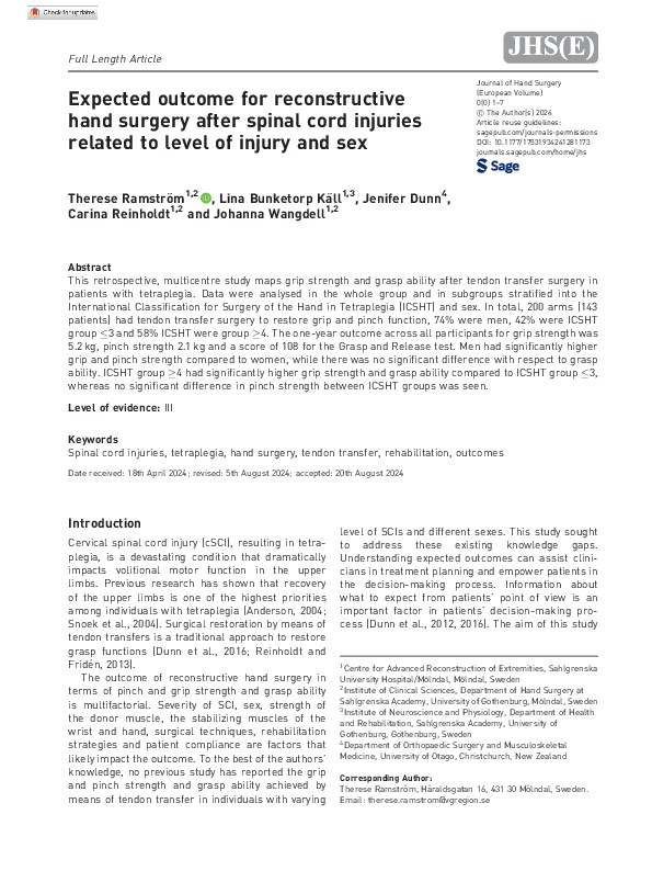 (PDF) Expected outcome for reconstructive hand surgery after spinal ...