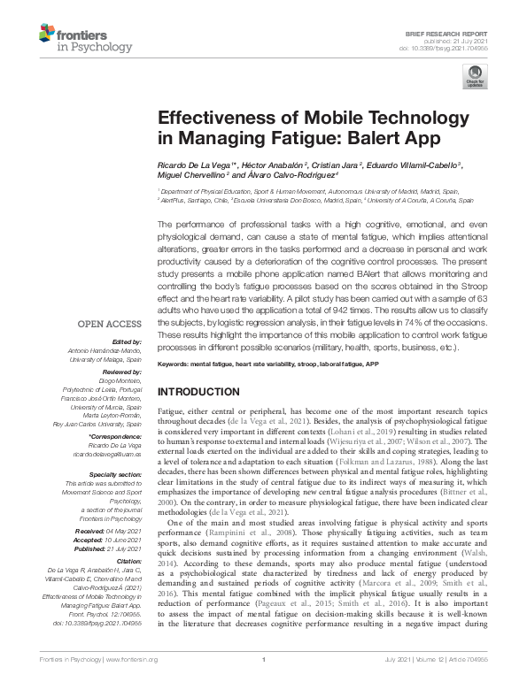 (PDF) Effectiveness of Mobile Technology in Managing Fatigue: Balert App