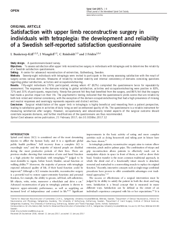 (PDF) Satisfaction with upper limb reconstructive surgery in ...