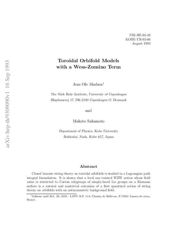 (PDF) Toroidal orbifold models with a Wess-Zumino term