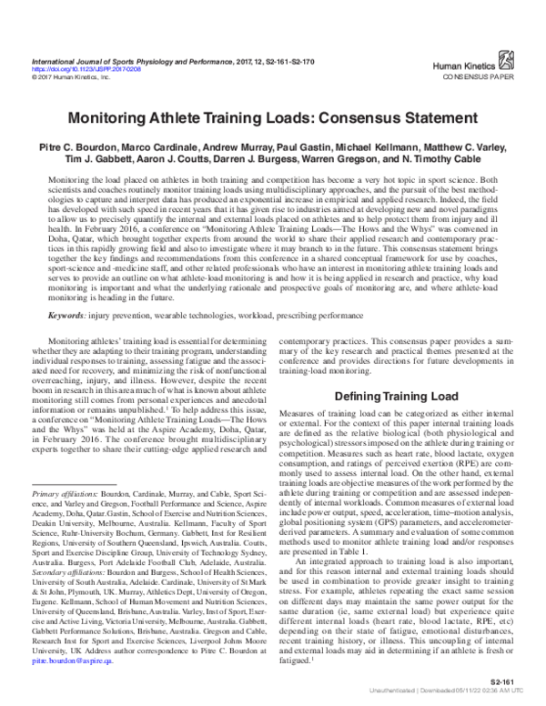 (PDF) Monitoring Athlete Training Loads: Consensus Statement