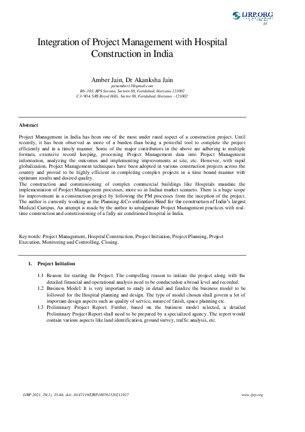 (PDF) Integration of Project Management with Hospital Construction in India