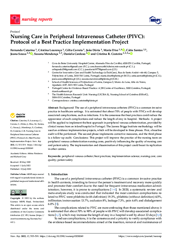 (PDF) Nursing Care in Peripheral Intravenous Catheter (PIVC): Protocol ...
