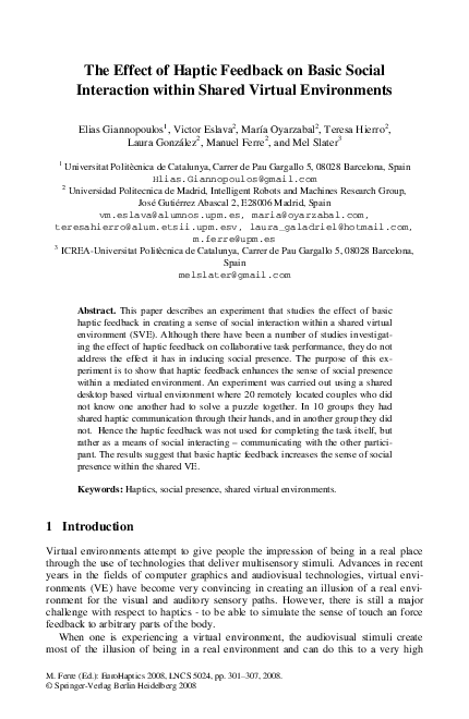 (PDF) The Effect of Haptic Feedback on Basic Social Interaction within Shared Virtual Environments